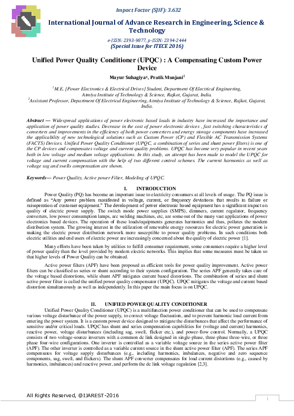 (PDF) Unified Power Quality Conditioner (UPQC) : A Compensating Custom ...
