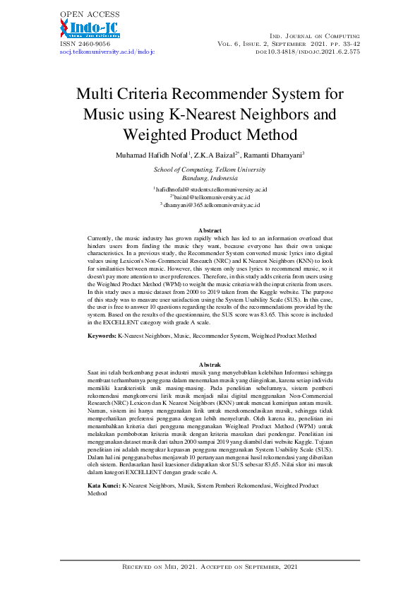 (PDF) Multi Criteria Recommender System for Music using K-Nearest Neighbors and Weighted Product ...