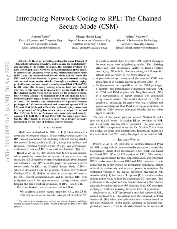 Pdf Introducing Network Coding To Rpl The Chained Secure Mode Csm