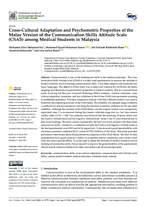(PDF) Cross-Cultural Adaptation and Psychometric Properties of the Malay Version of the ...