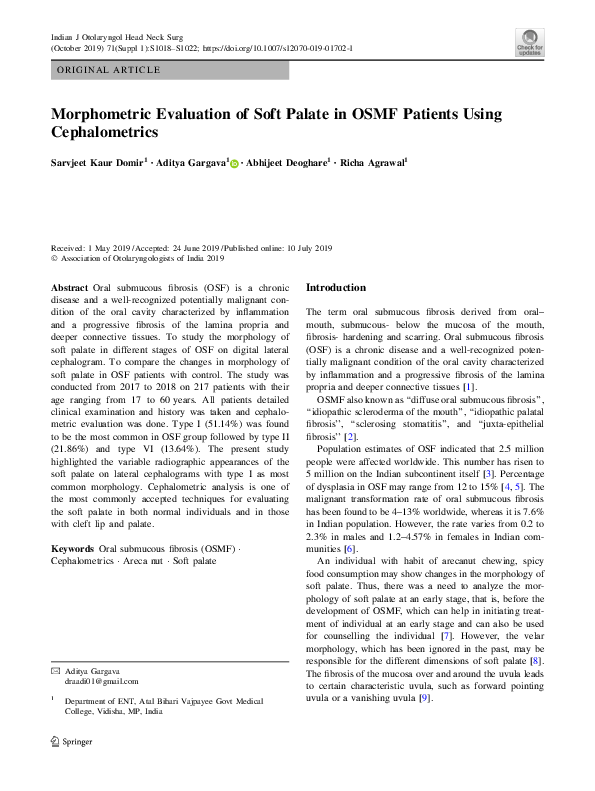 (PDF) Morphometric Evaluation of Soft Palate in OSMF Patients Using Cephalometrics