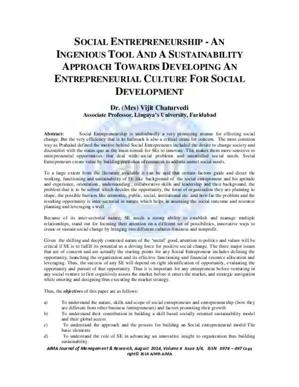 (PDF) Social Entrepreneurship - an Ingenious Tool and a Sustainability ...