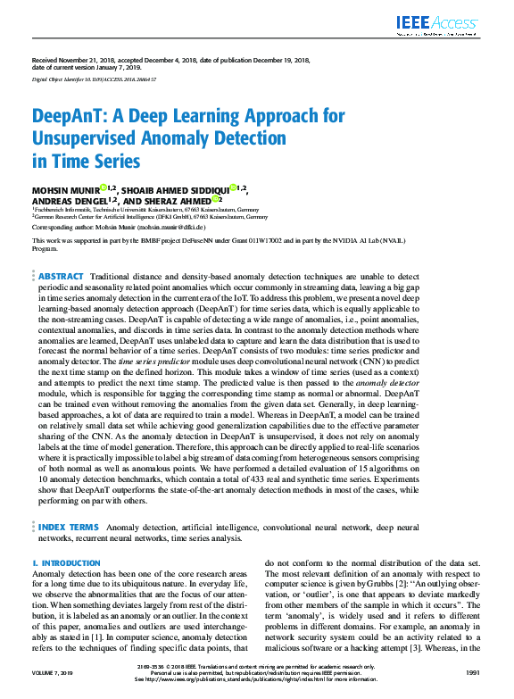 Pdf Deepant A Deep Learning Approach For Unsupervised Anomaly Detection In Time Series