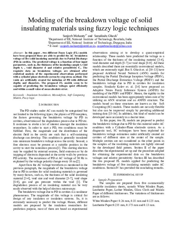 (PDF) Modeling of the breakdown voltage of solid insulating materials using fuzzy logic techniques