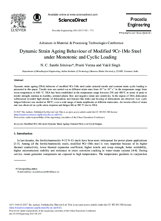 Pdf Dynamic Strain Ageing Behaviour Of Modified 9cr 1mo Steel Under Monotonic And Cyclic Loading