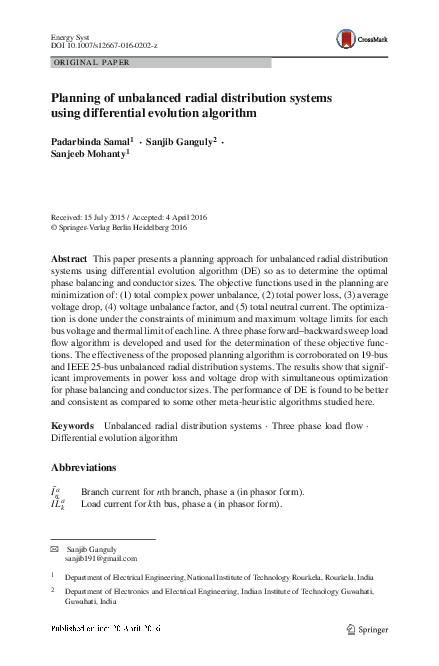 (PDF) Planning of unbalanced radial distribution systems using differential evolution algorithm