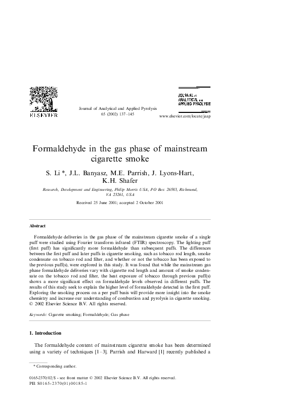 (PDF) Formaldehyde in the gas phase of mainstream cigarette smoke | San ...