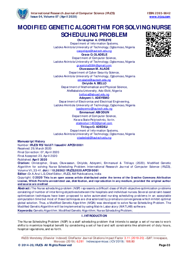 Pdf Modified Genetic Algorithm For Solving Nurse Scheduling Problem Abiodun Emmanuel