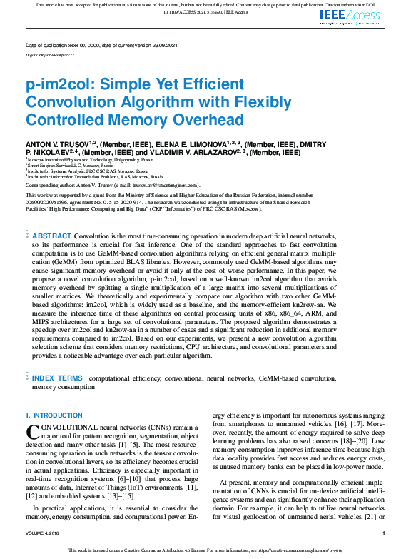 Pdf P Im2col Simple Yet Efficient Convolution Algorithm With Flexibly Controlled Memory Overhead