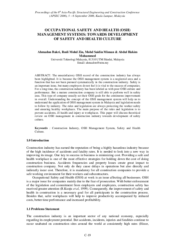 (PDF) Occupational Safety and Health (Osh) Management In Construction ...