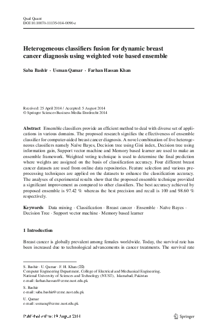 (PDF) Heterogeneous classifiers fusion for dynamic breast cancer diagnosis using weighted vote ...