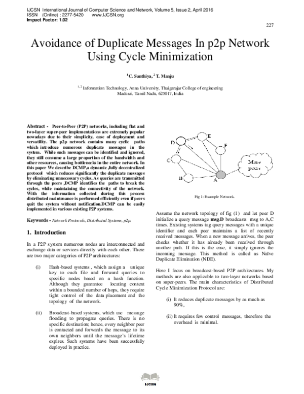 (PDF) Avoidance of Duplicate Messages in P2p Network Using Cycle Minimization