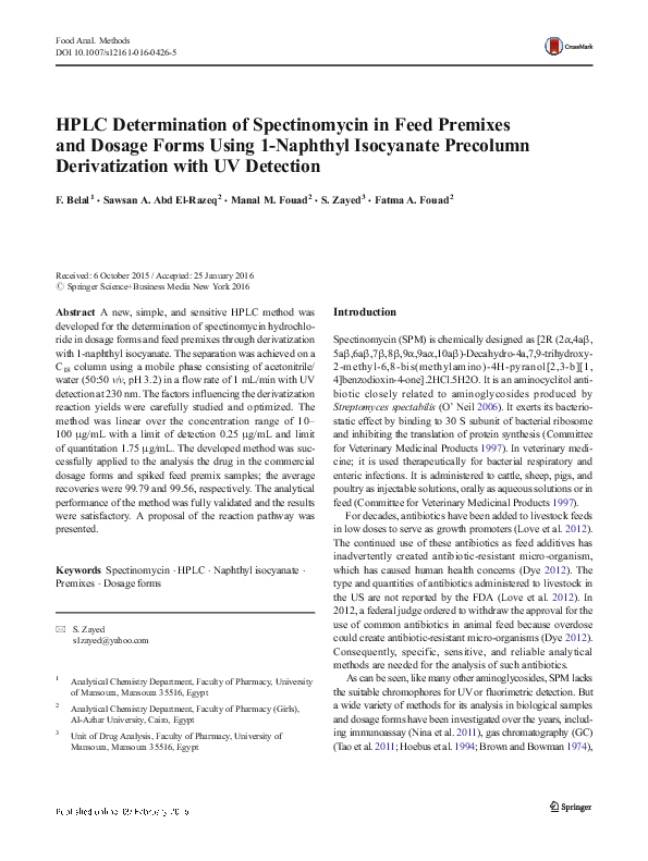 (PDF) HPLC Determination of Spectinomycin in Feed Premixes and Dosage Forms Using 1-Naphthyl ...