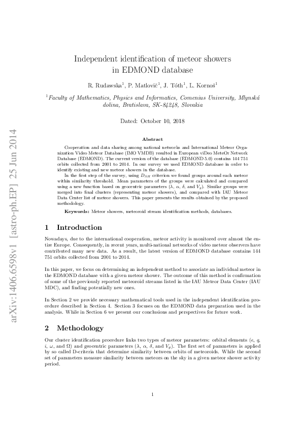 (PDF) Independent identification of meteor showers in EDMOND database