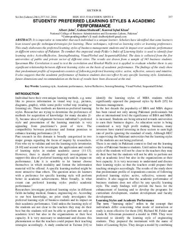 (PDF) Students’ Preferred Learning Styles & Academic Performance