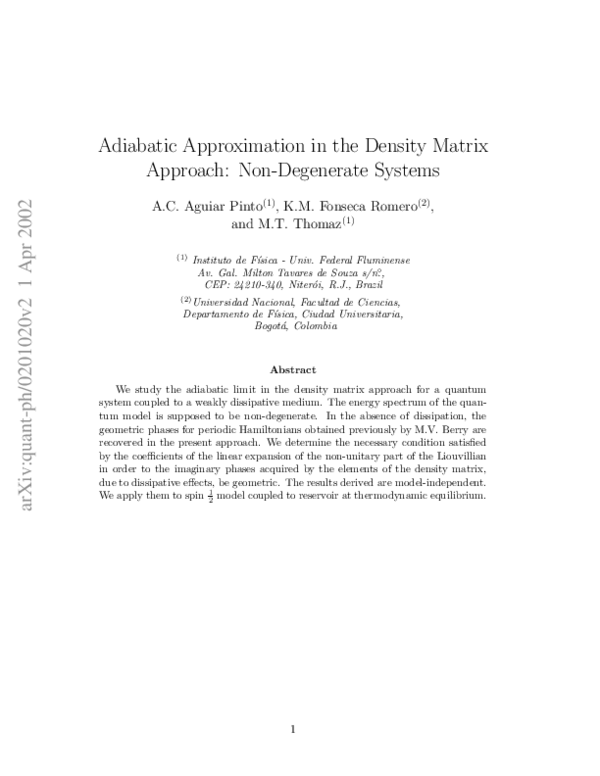 Adiabatic Approximation In The Density Matrix Approach Non Degenerate