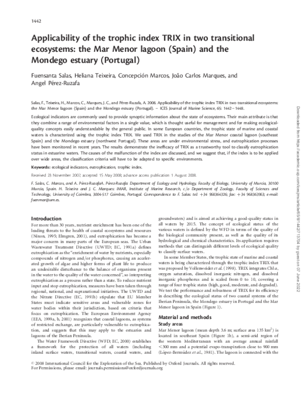 (PDF) Applicability of the trophic index TRIX in two transitional ...