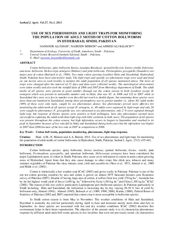 (PDF) Use of sex pheromones and light traps for monitoring the population of adult moths of ...