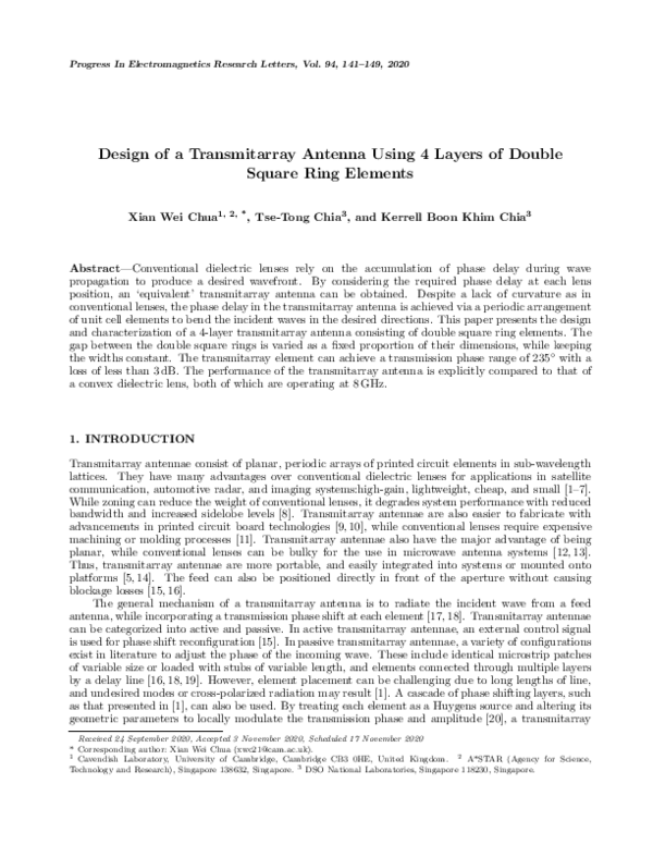 Pdf Design Of A Transmitarray Antenna Using 4 Layers Of Double Square