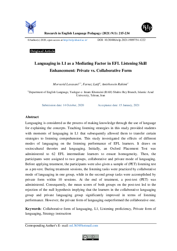 (PDF) Languaging in L1 as a Mediating Factor in EFL Listening Skill Enhancement: Private vs ...