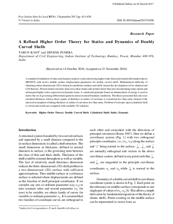 (PDF) A Refined Higher Order Theory for Statics and Dynamics of Doubly Curved Shells