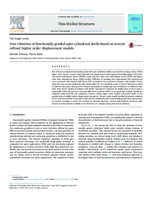 Pdf Free Vibration Of Functionally Graded Open Cylindrical Shells
