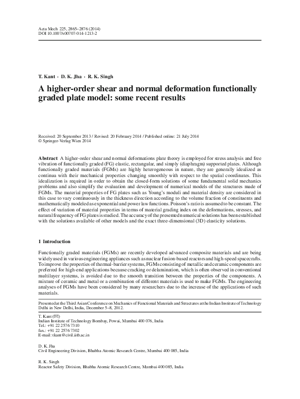 Pdf A Higher Order Shear And Normal Deformation Functionally Graded Plate Model Some Recent