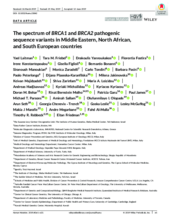 (PDF) The spectrum of BRCA1 and BRCA2 pathogenic sequence variants in Middle Eastern, North ...