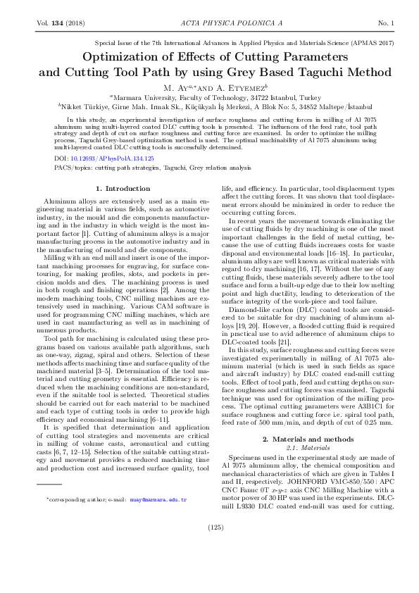 Pdf Optimization Of Effects Of Cutting Parameters And Cutting Tool Path By Using Grey Based