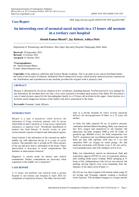 (PDF) An interesting case of neonatal aural myiasis in a 13 hours old ...