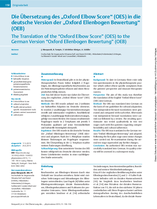 (PDF) Die Übersetzung des „Oxford Elbow Score“ (OES) in die deutsche ...