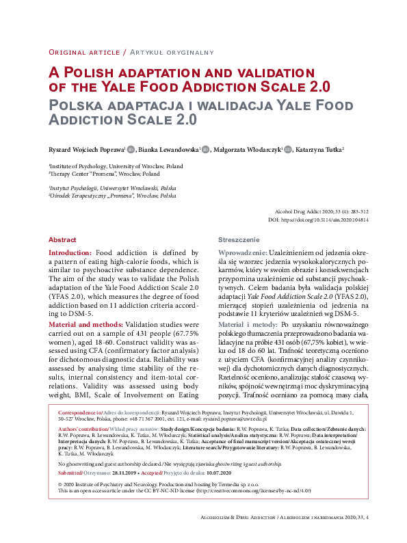 (PDF) A Polish adaptation and validation of the Yale Food Addiction ...