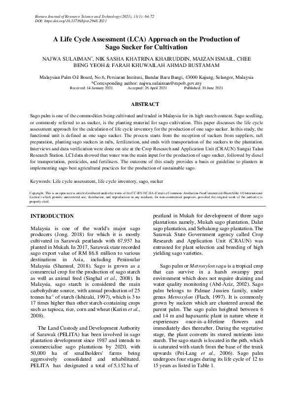 (PDF) Life Cycle Assessment of Sago Sucker Production in Malaysia