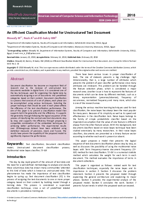 (PDF) An Efficient Classification Model for Unstructured Text Document