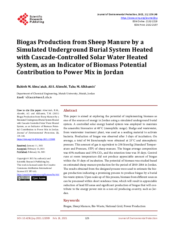 (PDF) Biogas Production from Sheep Manure by a Simulated Underground ...