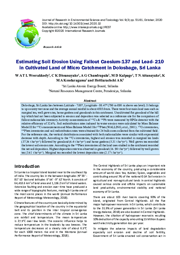 (PDF) Estimating Soil Erosion Using Fallout Caesium-137 and Lead- 210 ...
