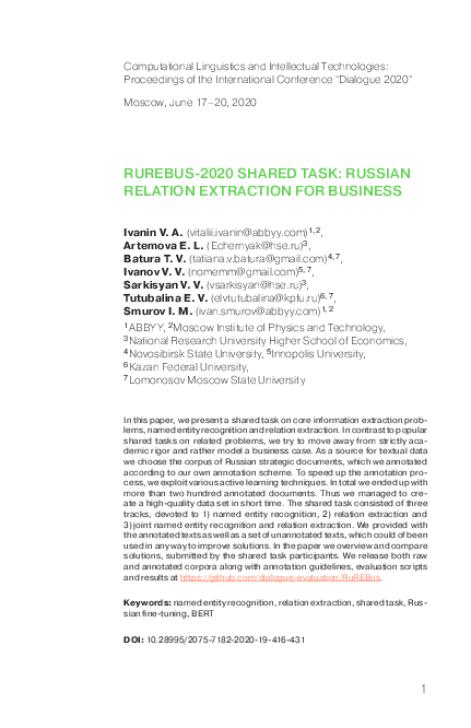 (PDF) RUREBUS-2020 Shared Task: Russian Relation Extraction for Business