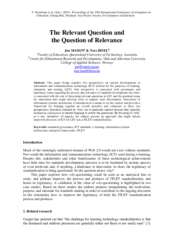 (PDF) The Relevant Question and the Question of Relevance