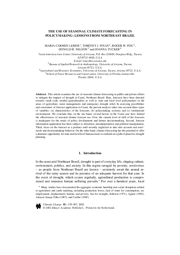 (PDF) The Use of Seasonal Climate Forecasting in Policymaking: Lessons ...