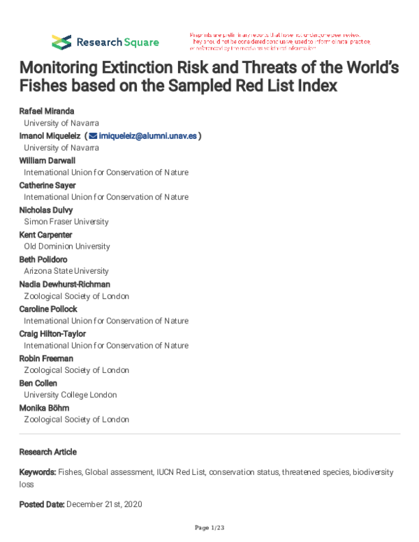 (PDF) Monitoring Extinction Risk and Threats of the World’s Fishes ...
