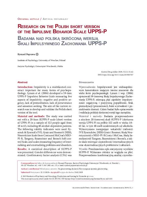 (PDF) Research on the Polish short version of the Impulsive Behavior ...