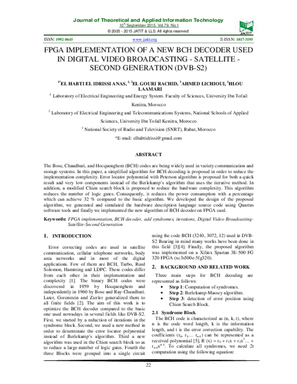 Pdf Fpga Implementation Of A New Bch Decoder Used In Digital Video Broadcasting Satellite