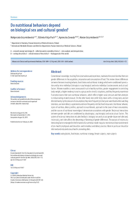 Pdf Do Nutritional Behaviors Depend On Biological Sex And Cultural