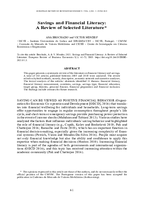 (PDF) Savings and financial literacy: a review of selected literature