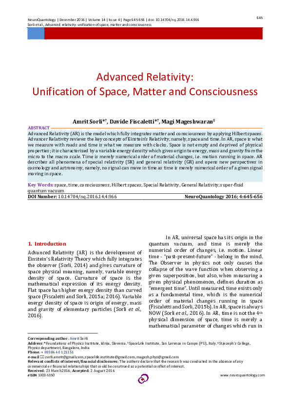 (PDF) Advanced Relativity: Unification of Space, Matter and Consciousness