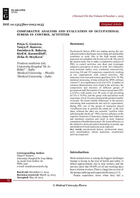 (PDF) Comparative Analysis And Evaluation Of Occupational Stress In Control Activities