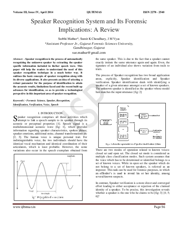 Pdf Speaker Recognition System And Its Forensic Implications