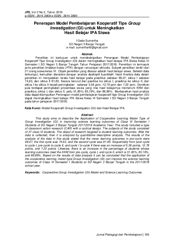 (PDF) Penerapan Model Pembelajaran Kooperatif Tipe Group Investigation (GI) untuk Meningkatkan ...