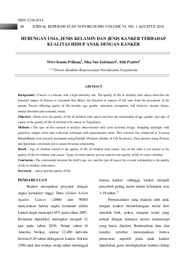 (PDF) Hubungan Usia, Jenis Kelamin dan Jenis Kanker Terhadap Kualitas Hidup Anak dengan Kanker