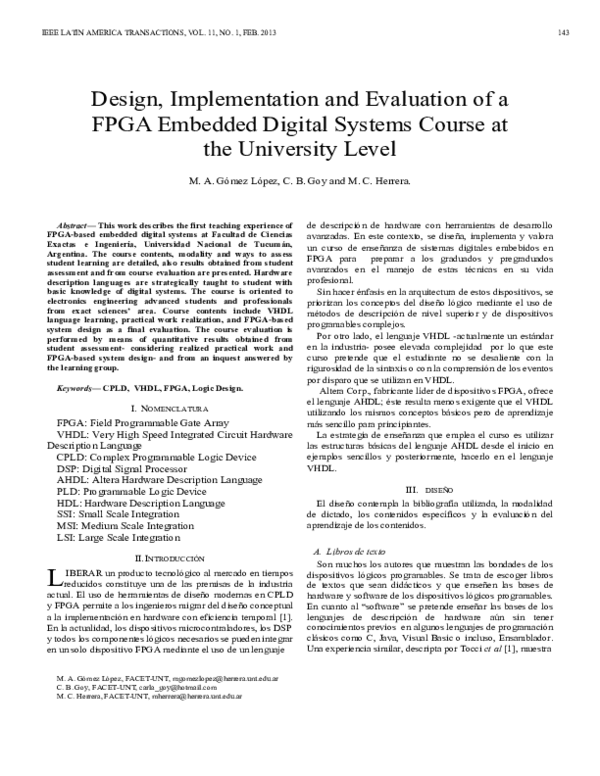 (PDF) Design, implementation and evaluation of a FPGA embedded digital systems course at the ...